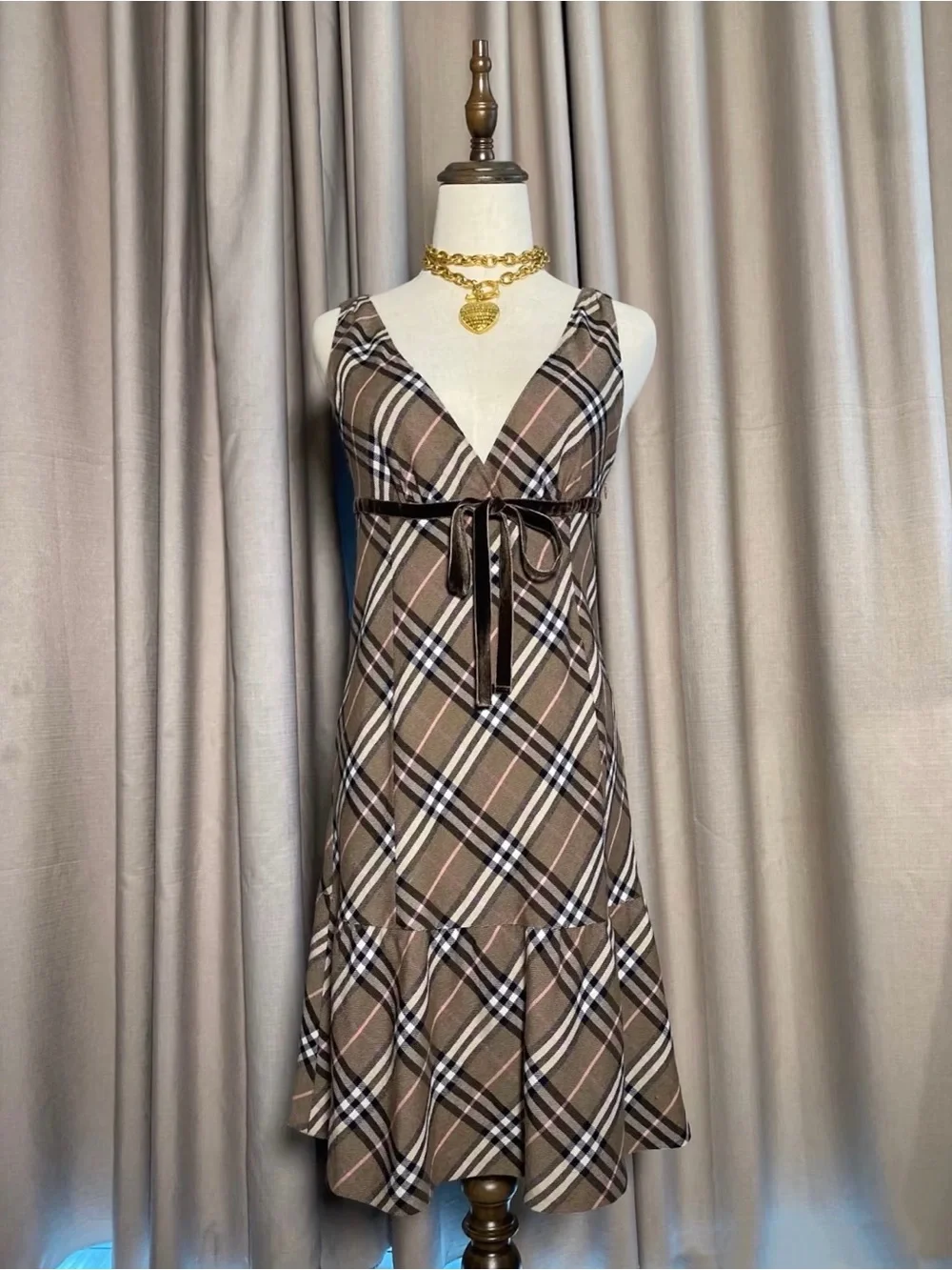 Burberry | Dresses | Vintage Burberry Brown Plaid Mini Dress With Vneck ...